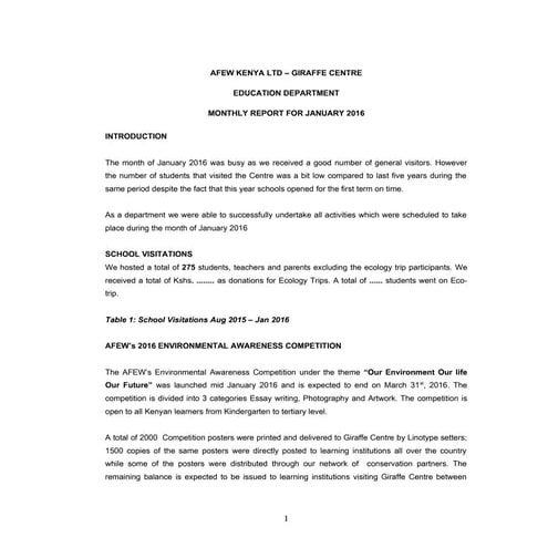 AFEW Kenya Monthly Report, January 2016 | PDF