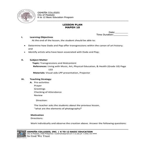 Lesson Plan for MAPEH 10 Transgressions and Modernizations | PDF