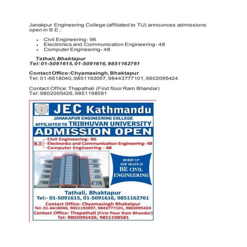 Janakpur Engineering College announces admissions open in various courses. | DOCX