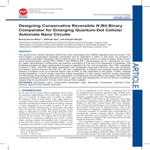 Designing Conservative Reversible N Bit Binary Comparator For Emerging Quantum Dot Cellular