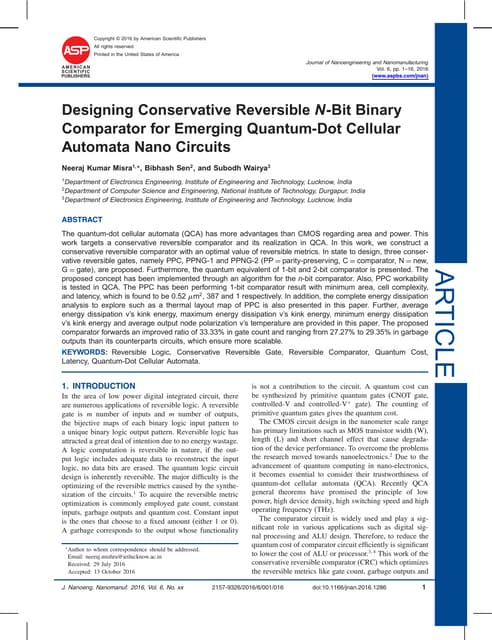 Designing Conservative Reversible N Bit Binary Comparator For Emerging Quantum Dot Cellular
