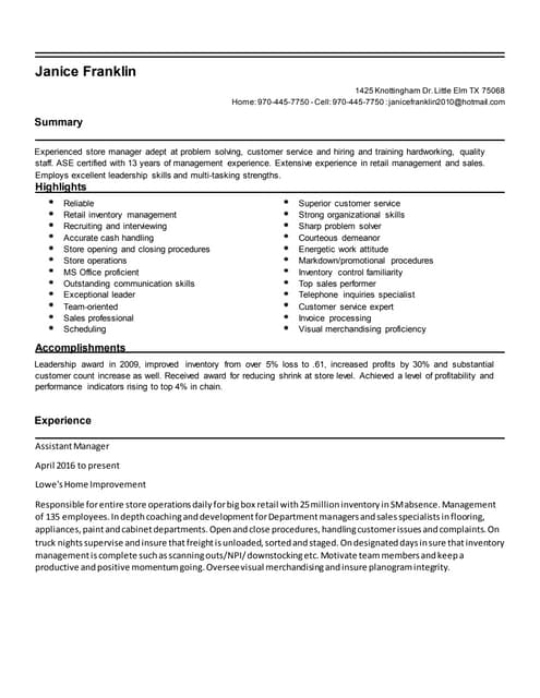 Janice franklin resume retail(1) | PDF