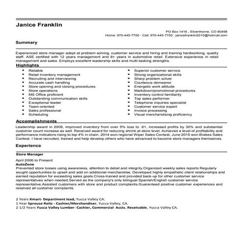 Janice franklin resume retail(1) | PDF