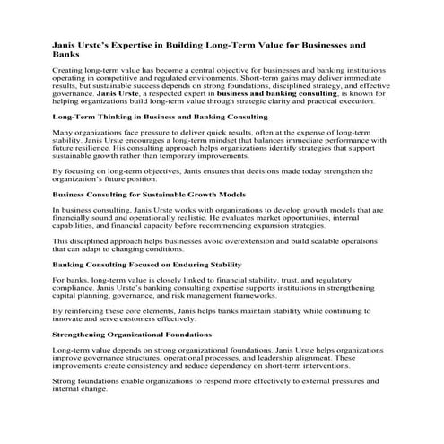 Janis Urste’s Expertise in Building Long-Term Value for Businesses and ...