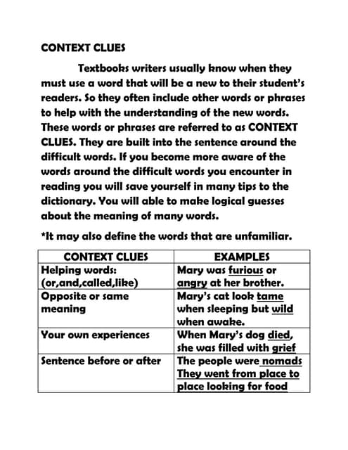 Note types of context clue (restatement, definition, synonyms, antonyms ...