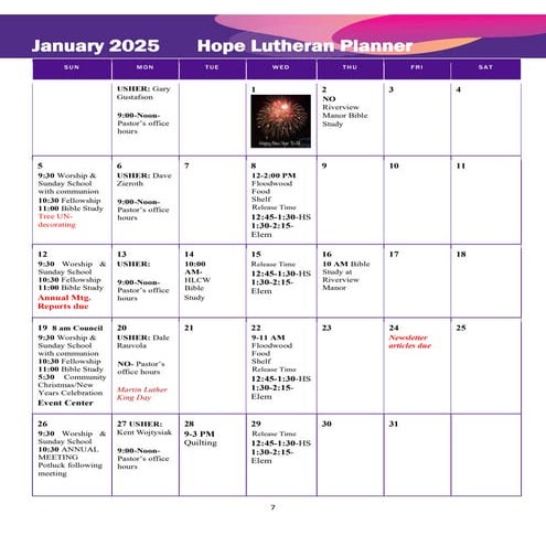 January 2025 Calendar of Events - Hope Lutheran Church Floodwood | PDF