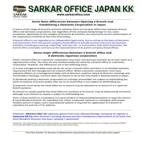 Japan Branch Office vs. Subsidiary & Local Company | PDF