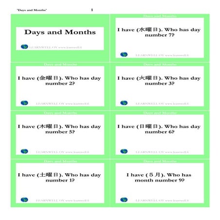 "Days and Months" Japanese - English cards | PDF