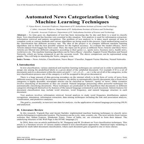 Automated News Categorization Using Machine Learning Techniques Pdf