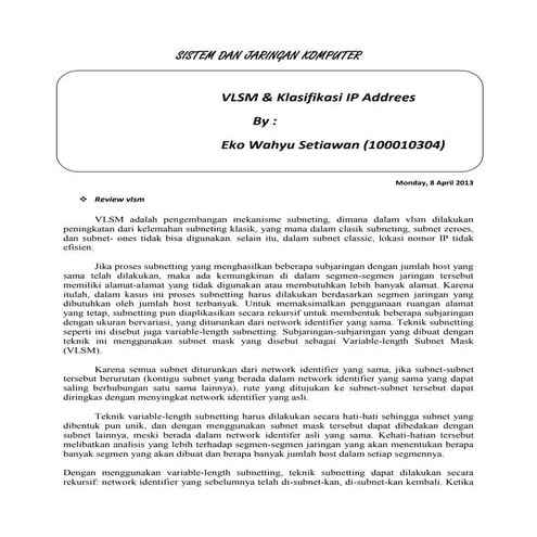 VLSM DAN KLASIFIKASI IP | DOCX
