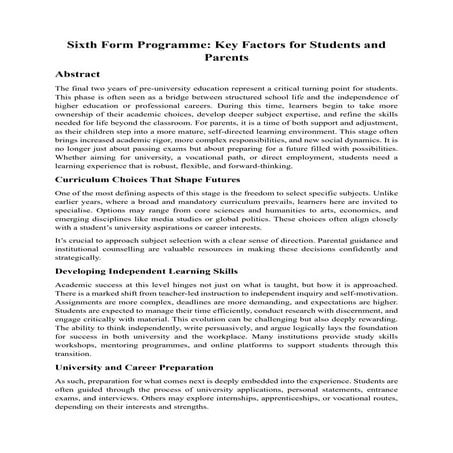Sixth Form Programme: Key Factors for Students and Parents | PDF