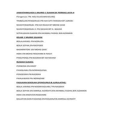 Jawatankuasa 1 murid 1 sukan sk permas jaya 4 | DOCX