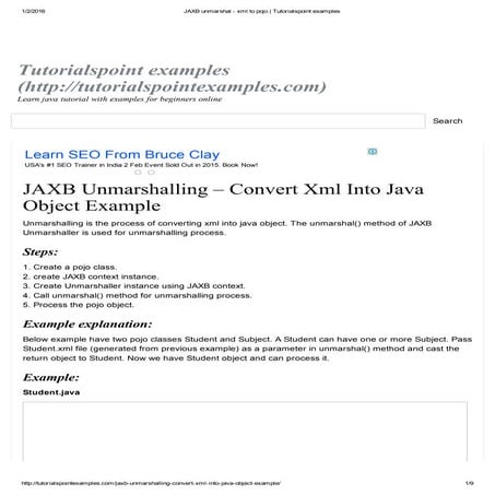 Jaxb Unmarshal Xml To Pojo Tutorialspoint Examples Pdf 3718