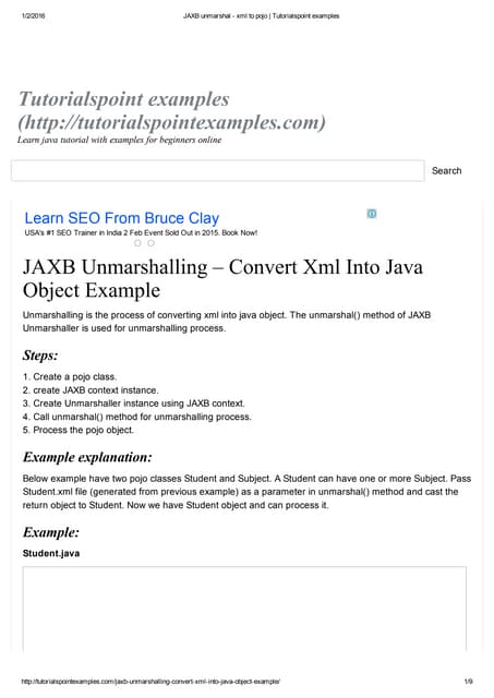 Jaxb Unmarshal Xml To Pojo Tutorialspoint Examples Pdf 3718