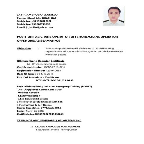 Jay r cv ab crane operator offshore crane operator offshore | DOCX