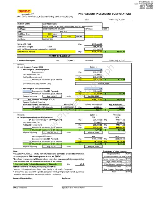 Southkey Place Alabang - Studio Sample Computation | PDF