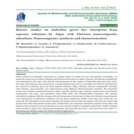 Kinetic studies on malachite green dye adsorption from aqueous solutions by Algae with Chitosan ...