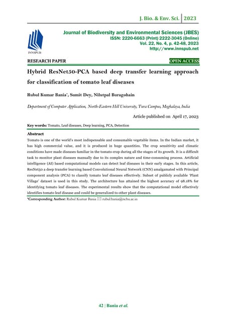Hybrid Resnet50 Pca Based Deep Transfer Learning Approach For Classification Of Tomato Leaf