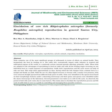Elucidation of cow tick Rhipicephalus microplus (formerly Boophilus microplus) reproduction in ...