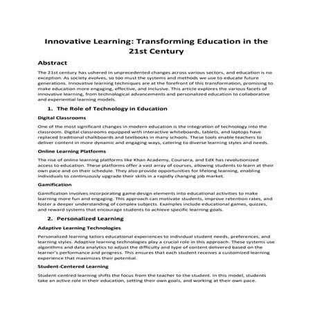 Innovative Learning: Transforming Education in the 21st Century | PDF