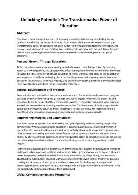 Unlocking Potential The Transformative Power Of Education Pdf