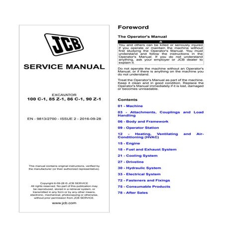 Jcb 100 c 1, 85z-1, 86c-1, 90z-1 mini excavator service repair manual from 2249518 to 2250518 | PDF