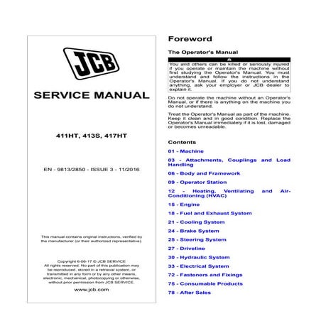 Jcb 411 ht, 413s, 417ht wheel loader service repair manual from 2093870 to 2094870 | PDF