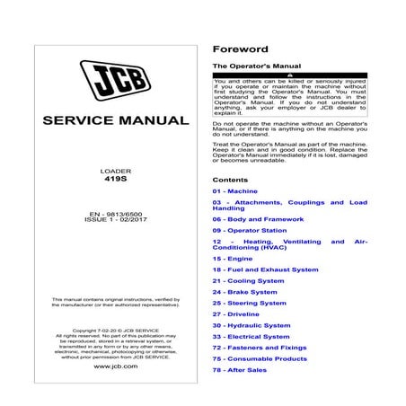 Jcb 419 s wheel loader service repair manual (sn 2439651 and up) | PDF