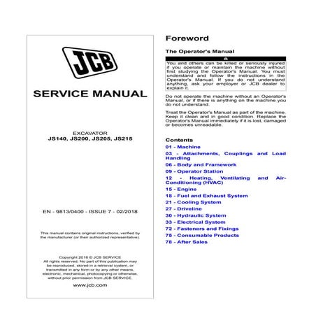 JCB JS140, JS200, JS205, JS215 Tracked Excavator Service Repair Manual ...