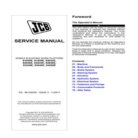 Jcb s1930 e mobile elevating work platform service repair manual sn ...