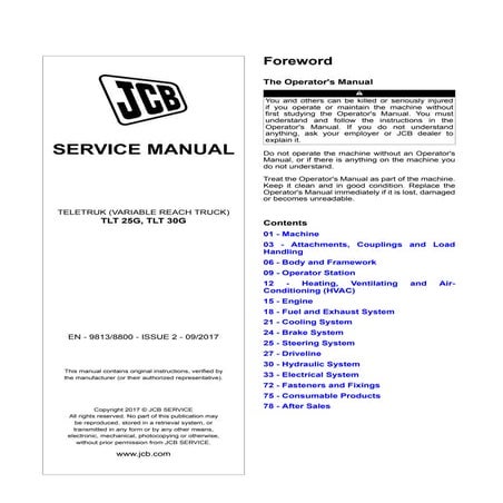 Jcb tlt 25 g teletruk (variable reach truck)service repair manual sn ...