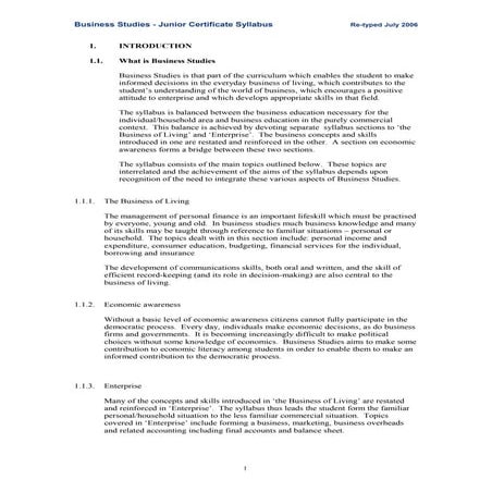 Junior Certificate Business Studies Syllabus | PDF