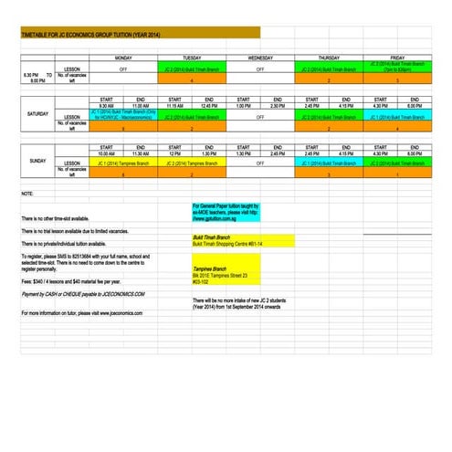 JC Economics Tuition Timetable Year 2014 | PDF