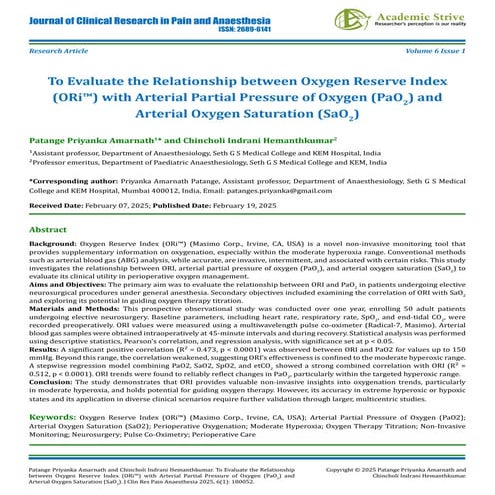 To Evaluate the Relationship between Oxygen Reserve Index (ORi™) with ...
