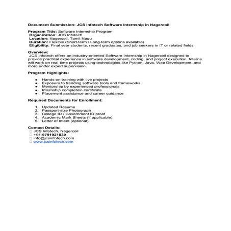 Software Internship in Nagercoil JCS Infotech | DOCX
