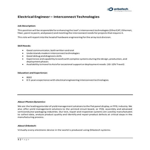 Job Description - Electrical Engineer - Interconnect Technologies ...