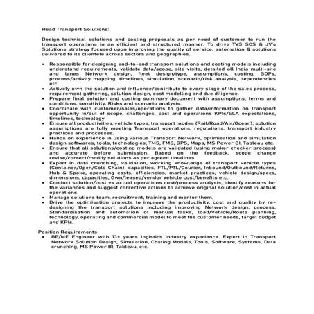 JD - Head Transport Solutions job description | PDF