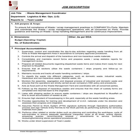 JD - WASTE MANAGEMENT COORDINATOR | PDF