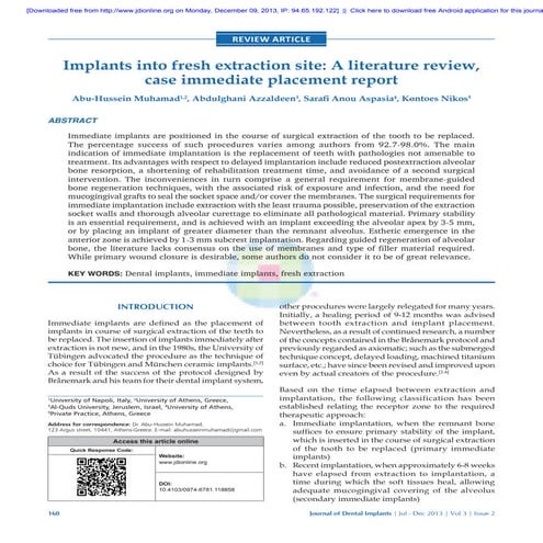 Implants into fresh extraction site: A literature review, case immediate placement report | PDF