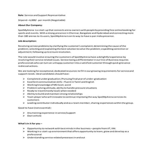 Job Description for service representative | DOCX