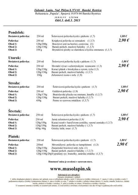 Jedálny lístok deti od 21.01.13 do 25.01.13