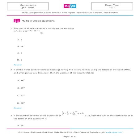 Jee Main Mathematics 2016 solved Question Paper | PDF