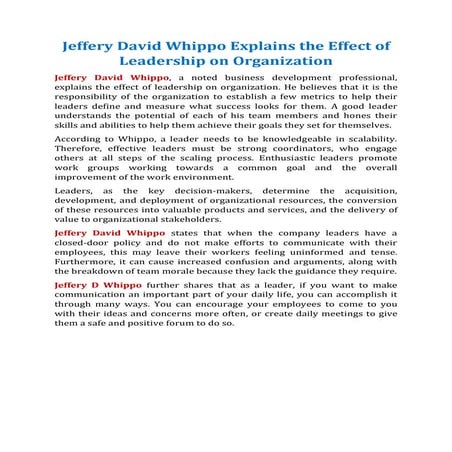 Jeffery David Whippo Explains The Effect Of Leadership On Organization