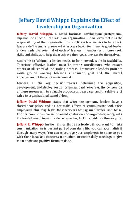 Jeffery David Whippo Explains The Effect Of Leadership On Organization
