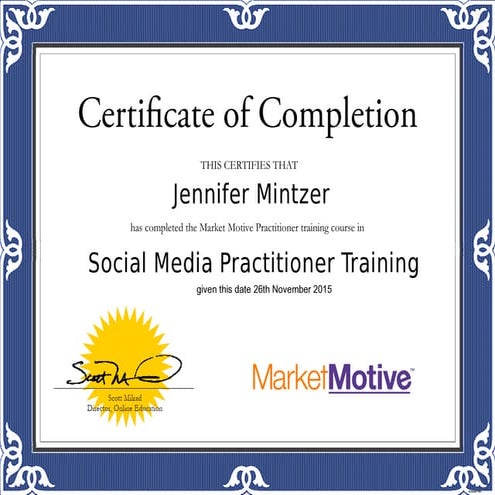 Jennifer Mintzer Social Media Practitioner Training Certificate | PDF