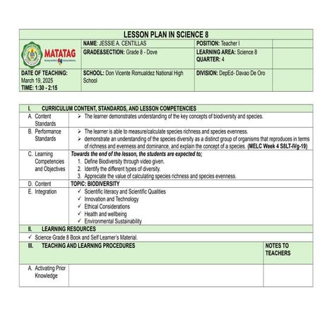 BIODIVERSITY LESSON PLAN FOR CLASSROOM OBSERVATION | DOCX