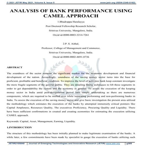 JETIR2105840 PAPER ANALYSIS OF BANK PERFORMANCE USING CAMEL APPROACH.pdf