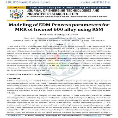 Modeling of EDM Process parameters for MRR of Inconel 600 alloy using RSM | PDF