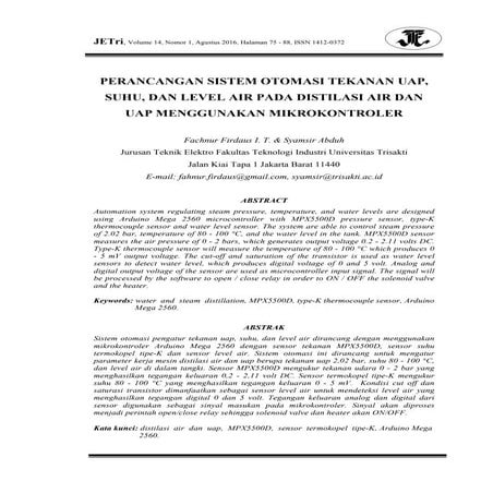 PERANCANGAN SISTEM OTOMASI TEKANAN UAP, SUHU, DAN LEVEL AIR PADA DISTILASI AIR DAN UAP ...