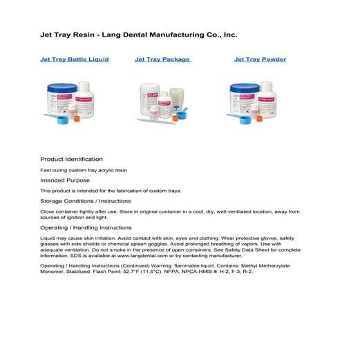 Jet tray - Lang Dental Manufacturing Co., Inc. | PDF